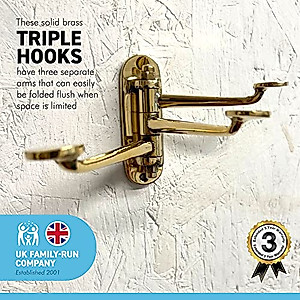Three-Way Folding Coat Hook | Polished Brass Finish | | Wall Mounted for Bathroom Kitchen Bedroom | Captains Hook | independently swivelling arms | Versatile and Elegant