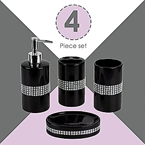 Crystal-Trimmed 4-Piece Ceramic Bathroom Set (Black), Chic Design Bathroom Accessory Set Bath Accessories For Bathroom Includes Soap Dish, Tumbler, Toothbrush Holder, and Lotion Dispenser