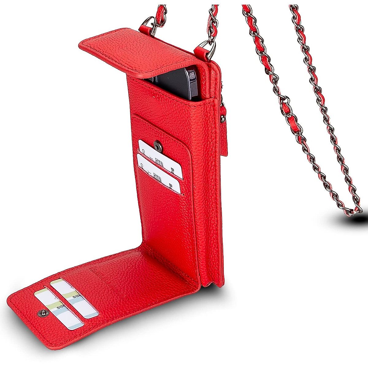 BOULETTA Crossbody Bag Cellphone Purse for Women-Leather Zipper Shoulder Wallet with Phone Pocket and Chain Strap 4 Card Slots Small