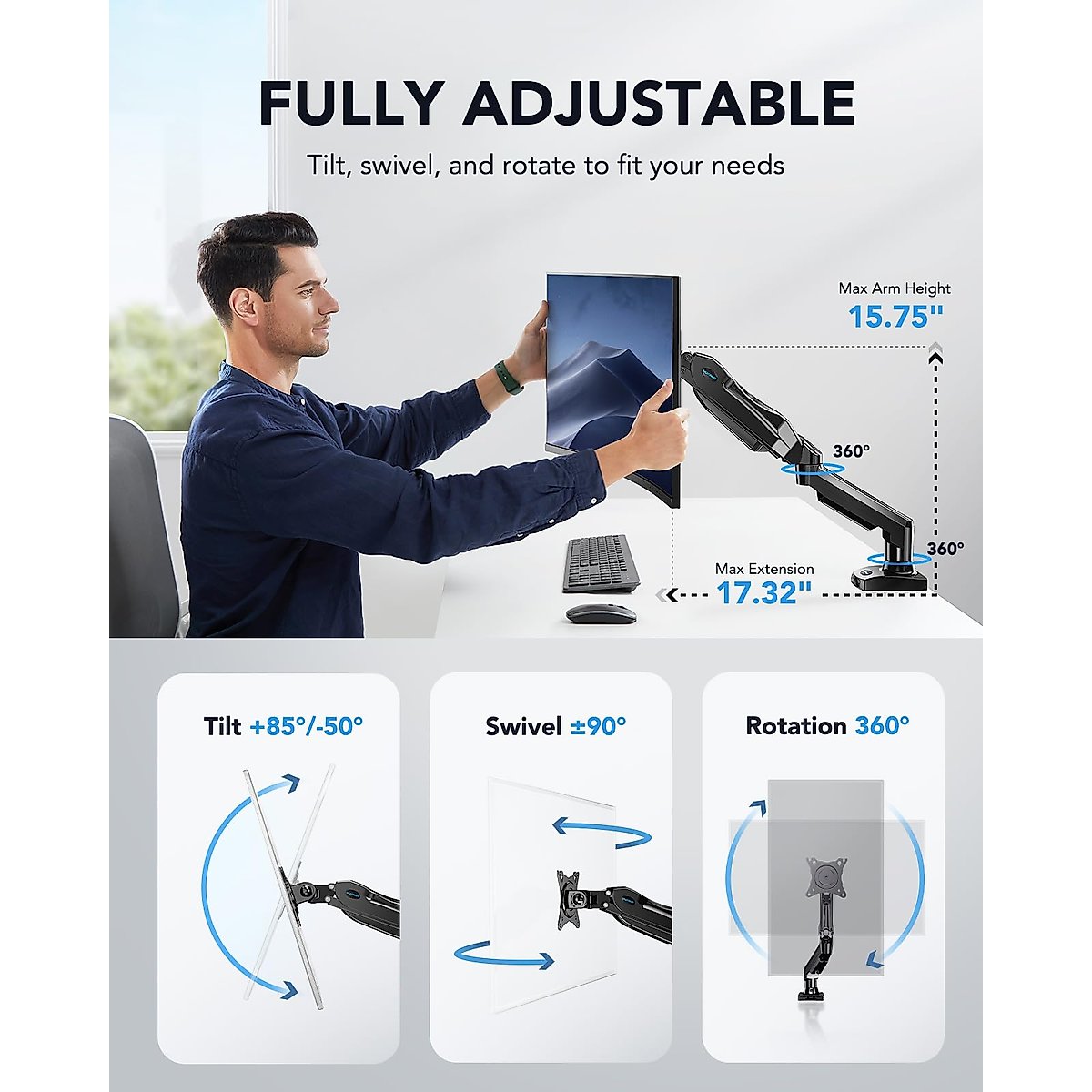 HUANUO Single Monitor Mount, 13 to 32 Inch Gas Spring Monitor Arm, Adjustable Stand, Vesa Mount with Clamp and Grommet Base - Fits 4.4 to 19.8lbs LCD Computer Monitors