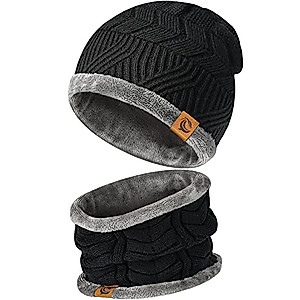 Beanie Hats for Men Women - Neck Warmer Winter Hat Scarf Set Gifts for Man Woman, Dual Layered Fleece Lined Winter Cap, Chunky Toboggan Knit Hat, Thick Soft Stretchy Skull Cap Black Stocking Stuffer