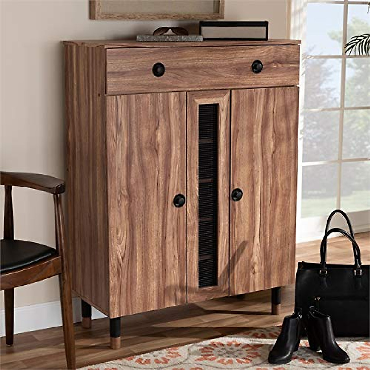 Baxton Studio Valina 2-Door Wood Shoe Storage Cabinet with Drawer in Oak-Black