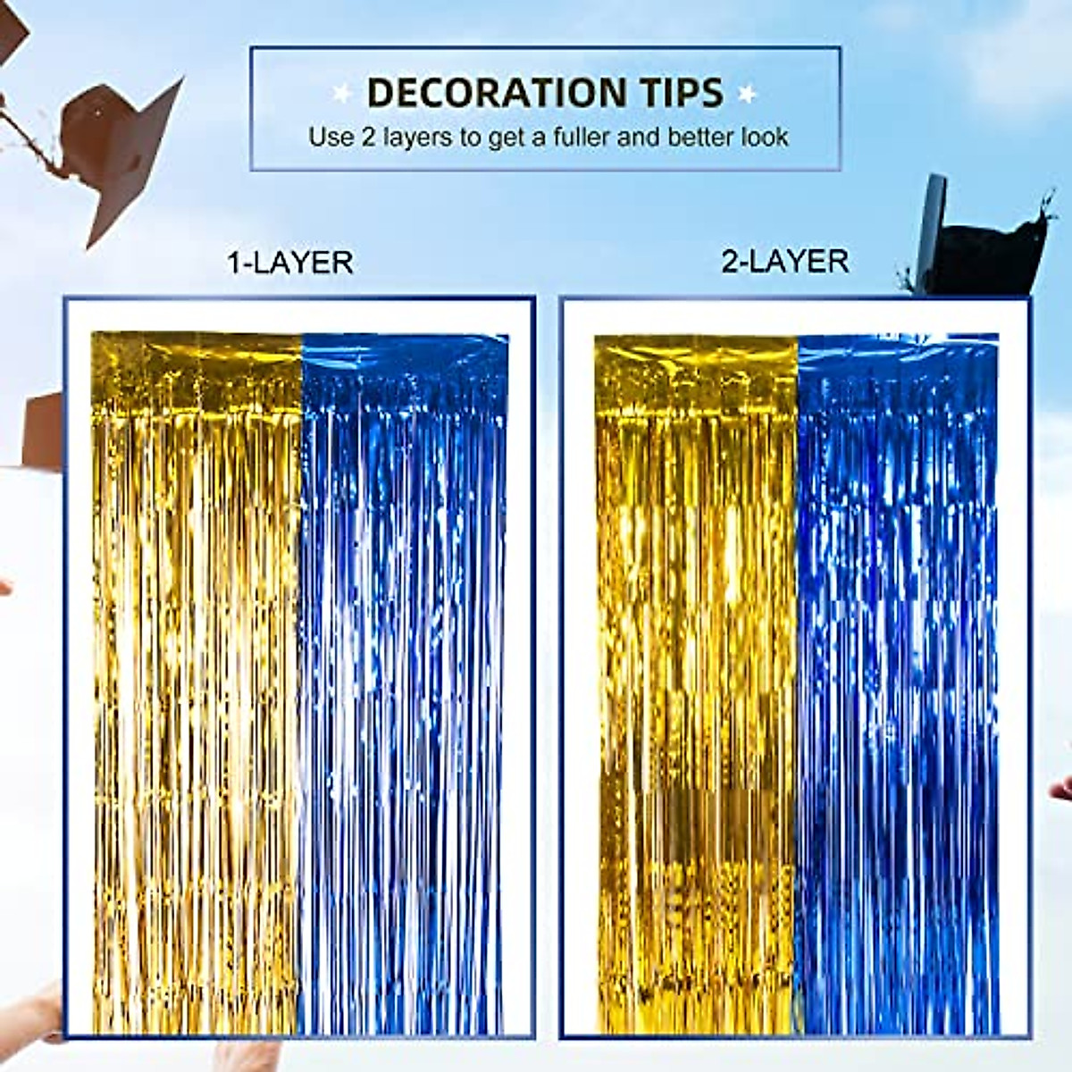 LOLStar 1 Pack Blue and Gold Graduation Party Decoration 2023, 3.3x6.6 ft Foil Fringe Curtains, Tinsel Backdrop, Graduation Photo Booth Prop Streamer Backdrop for High School College University Party