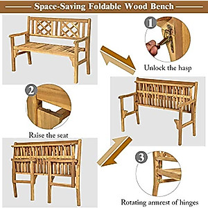 HAPPYGRILL Outdoor Patio Bench Acacia Wood Garden Bench with Backrest and Armrest, Foldable 4-Feet Two Person Loveseat Chair for Garden Lawn Balcony Backyard