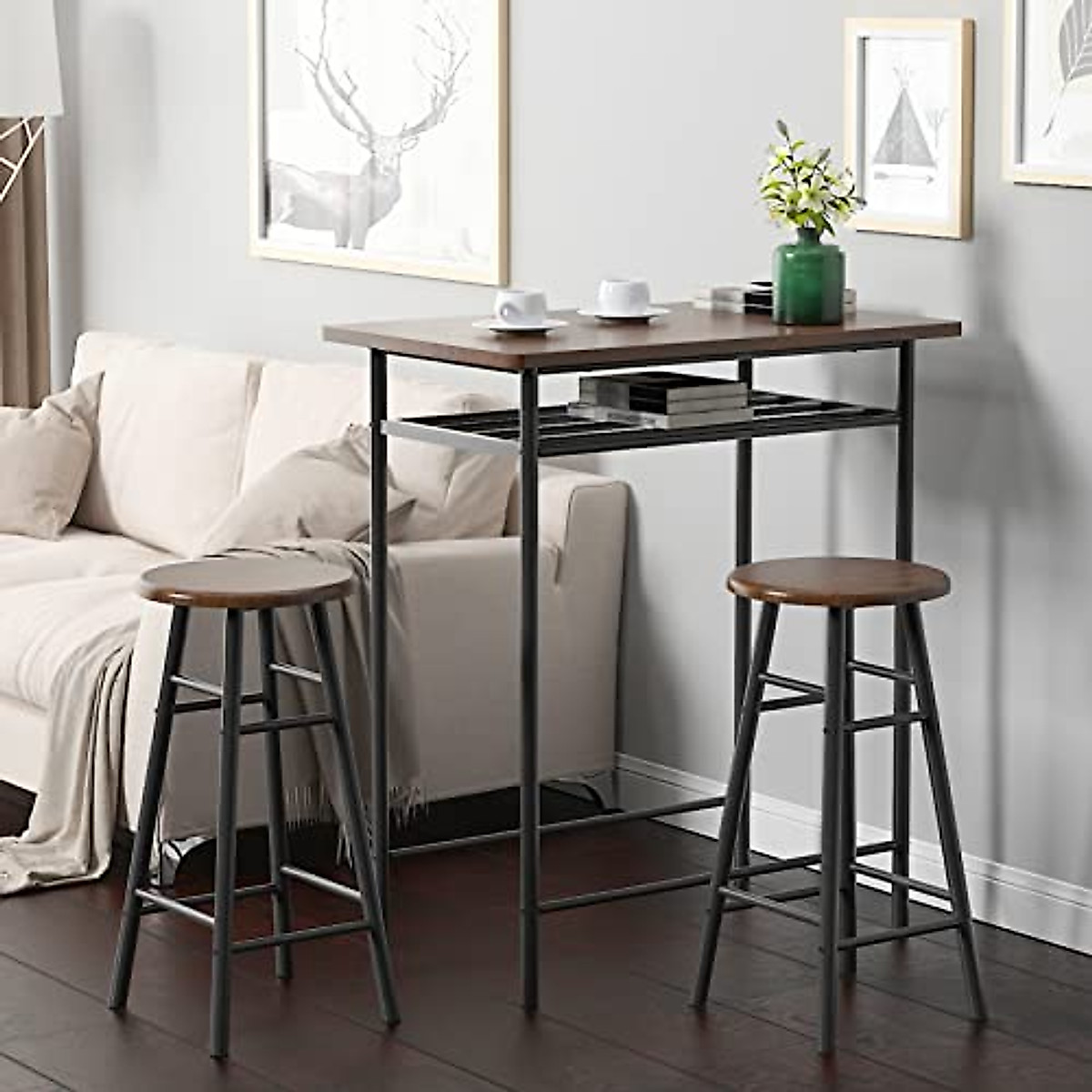 soges Bar Table with 2 Bar Stools, Pub Dining Height Table Set, Kitchen Counter Dinette Set, Bistro Table Set for Kitchen Living Room, Bar Table Chairs Set with Storage Rack