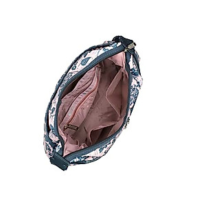 LeSportsac Rooks and Roses Large Hobo Crossbody Bag, Style 3710/Color E483, Slate Blue Whimsical Roses, Graceful Branches & Leaves Artfully Arranged on Pearlized Pastel Pink Bag
