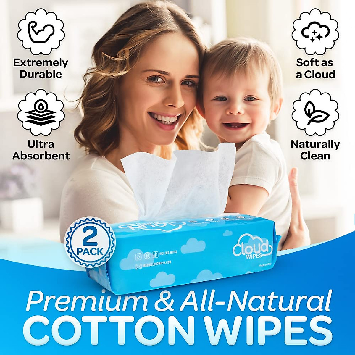 Cloud Wipes Pure Dry Cotton Baby Wipes Soft Durable Unscented Cloth Tissue for Sensitive Skin (2-Pack 200 Count)