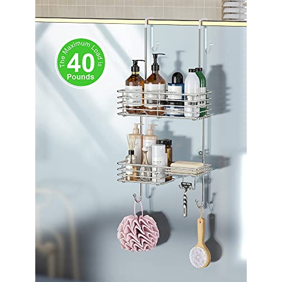 SMARTAKE Shower Caddy Over The Door, Stainless Steel Bathroom Shelf Organizer, Rustproof Wall Rack with Hooks, Razors Towels Shampoo Organizer for Dorm, Toilet, Bath and Kitchen, Silver