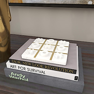 Deco 79 Marble Tic Tac Toe Game Set with Gold Inlay, 6" x 6" x 1", White