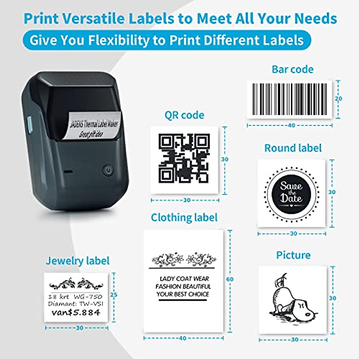 JADENS Label Makers, Bluetooth Label Printer for Barcode, Address, Clothing, Mailing, Small Business, Home, Portable Label Maker Compatible with iOS & Android, with 1Pack 50×30mm Label