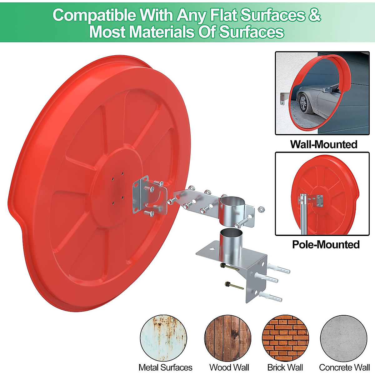 24" Security Mirror PC Convex Traffic Mirror Wide Angle Curved Safety Mirror Circular Pole Mount w/Adjustable Bracket for Outdoor Indoor Driveway Road Shop Garage Parking Lot Blind Spot Hidde