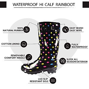 NORTY Women's Hurricane Rain Boots Knee High Calf Length - Glossy Matte Waterproof Rubber Tall Shoes - Multi Color Dot Size 9