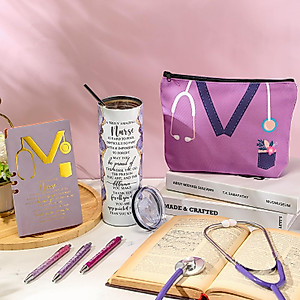 Domensi 6 Pcs Nurse Week Appreciation Gifts for Women Medical Nursing Assistant 20 oz Marble Sign Tumbler Makeup Bag Notepad with Ballpoint Pen for Graduation Nursing Student(Purple)