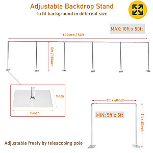 WUPYI Professional Backdrop Stand Pipe Kit,10'x50' Heavy Duty Background Support System Curtain Frame Telescopic with Steel Base for Wedding Party Photography Trade Show Display