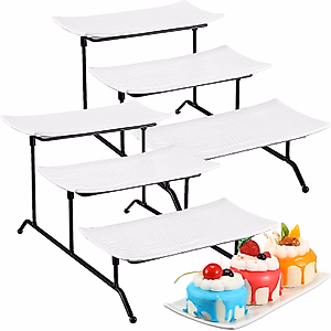 Tanlade 2 Pcs Tiered Serving Stand 3 Tier Serving Tray with 3 Porcelain Serving Platters Ceramic Tiered Serving Trays Platters with Detachable Metal Rack Dessert Table Display Set Stable for Party
