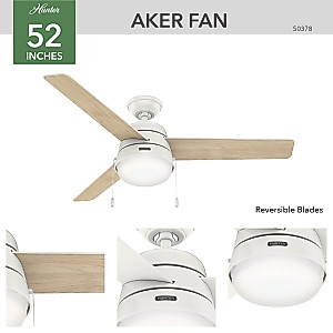 Hunter Fan Company, 50378, 52 inch Aker Fresh White Ceiling Fan with LED Light Kit and Pull Chain