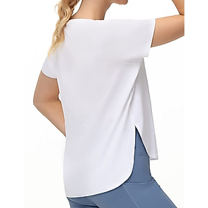 THE GYM PEOPLE Women's Workout T-Shirts Loose Fit Short Sleeve Cotton Running Basic Tee Tops with Split Hem White