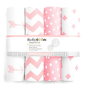 Changing Pad Cover – Baby Changing Pad Covers 4 Pack – Girls Changing Pad Cover Set – Pure Cotton Machine Washable Pink and White Changing Table Cover – Diaper Changing Pad Cover Sheets