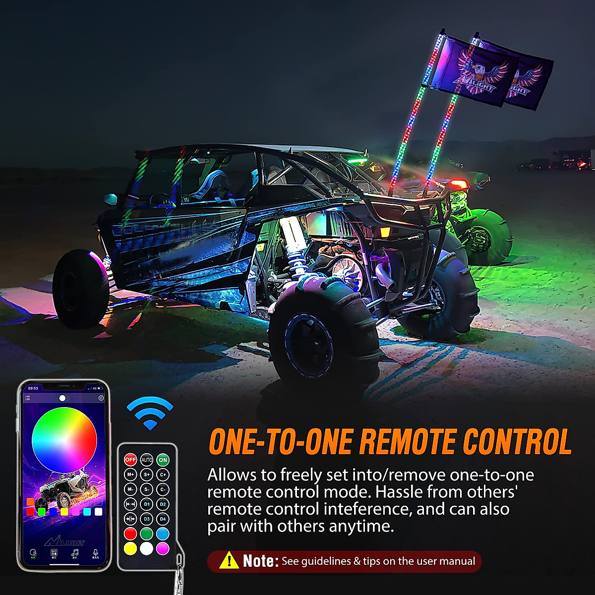 Nilight 2PCS 3FT RGB LED Whip Light, Remote App Control w/DIY Chasing Patterns Stop Turn Reverse Lighting Modes Safety Lighted Antenna for ATV UTV Polaris RZR Can-am Dune Buggy Jeep