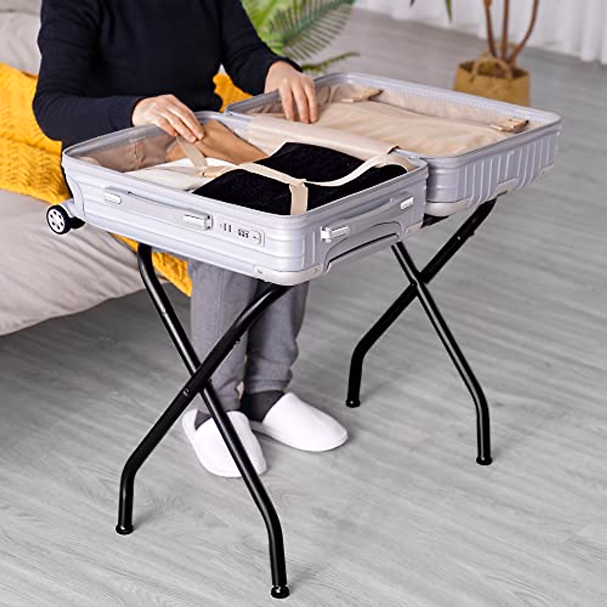 Heybly Luggage Rack, Pack of 4,Steel Folding Suitcase Stand for Guest Room Bedroom Hotel,Black,HLR001B4