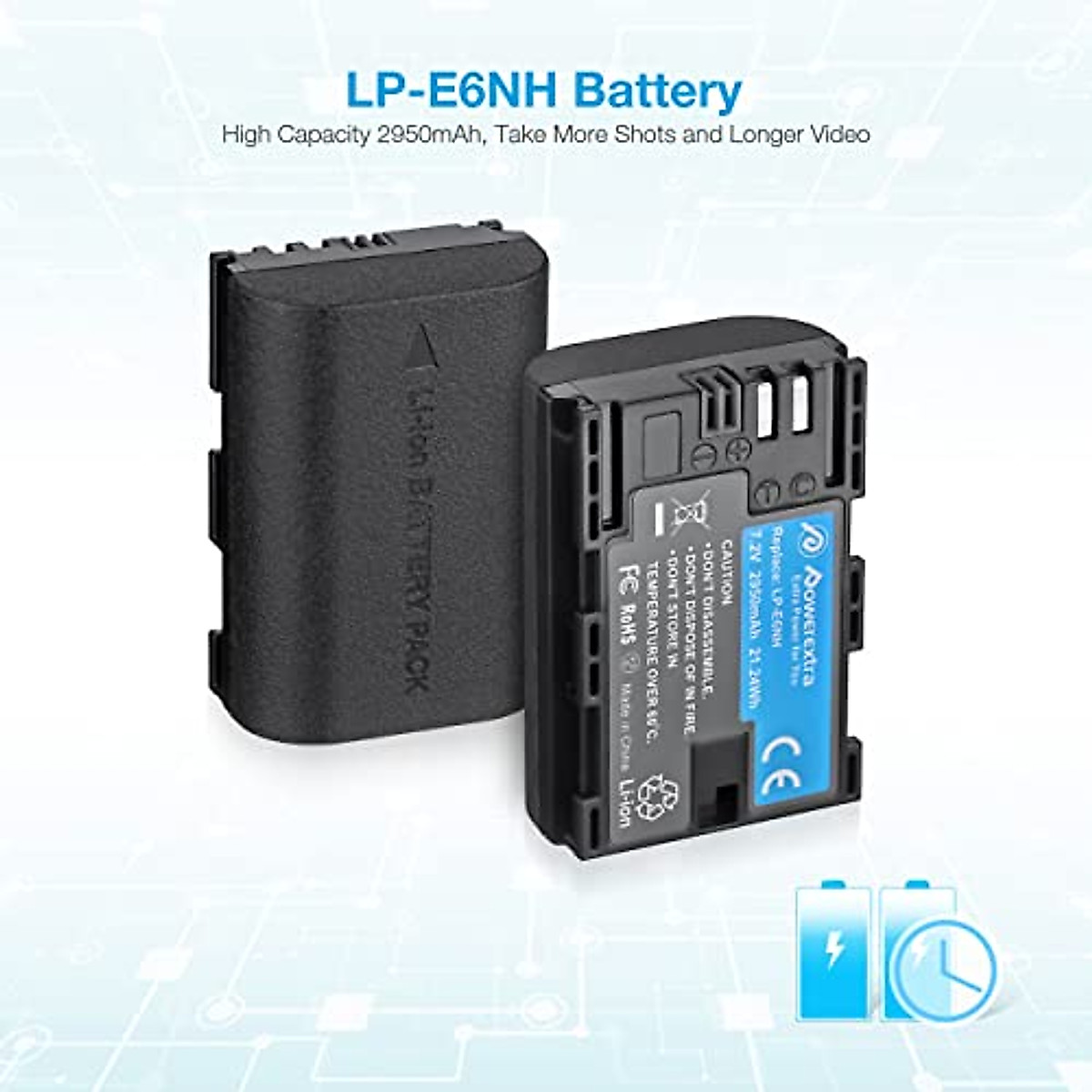 Powerextra LP-E6NH High Capacity Batteries 2950mAh and USB Charger Compatible with Canon LP E6 R5 R6 90D 60D 70D 80D 5D IV 6D, 6D II 7D