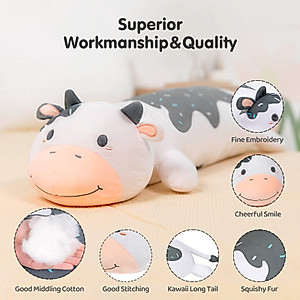Mewaii Cow Plush Body Pillow, 35" Kawaii Milk Cow Stuffed Animals Squishy Pillow, Cute Plushies Cuddle Pillow for Kids, Long Plush Cow Pillow Toys, Birthday Gifts for Women, Girls and Males