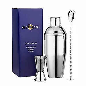 Arora 24OZ Cocktail Shaker Mixer Set, 3Pcs Bar Acccessories Including Martini Shaker, Long Handle Mixing Stirring Spoon, Cocktail Jigger for Bartending, Ideal Mixology Bartender Kit Home Bar Gift