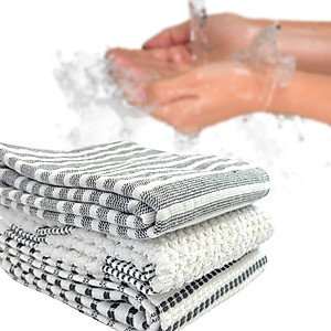 Oversized White Dark Gray Kitchen Towels: 100% Cotton Soft Absorbent Assortment Ribbed Terry Loop, Set of 3 Multipurpose for Everyday Use (Charcoal)