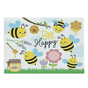 Ambesonne Honey Bee Cutting Board, Cartoon Style Illustration of a Bee Happy Garden Scene and an Organic Honey Jar, Decorative Tempered Glass Cutting and Serving Board, Large Size, Multicolor