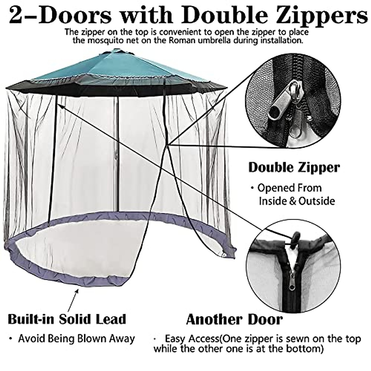 Patio Umbrella Mosquito Netting Patio Umbrella Mesh Screen with 2 Doors for 7.5FT to 11FT, Adjustable Bug Screen Accessory, Outdoor Offset Umbrellas Screen Equipped with Double Zippers and Solid Lead