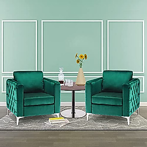 MCombo Living Room Accent Chairs, Velvet Club Chair, Single Sofa Chair with Upholstered Tufted Button, Silver Metal Legs, Modern Armchair for Bedroom 4066 (Green)