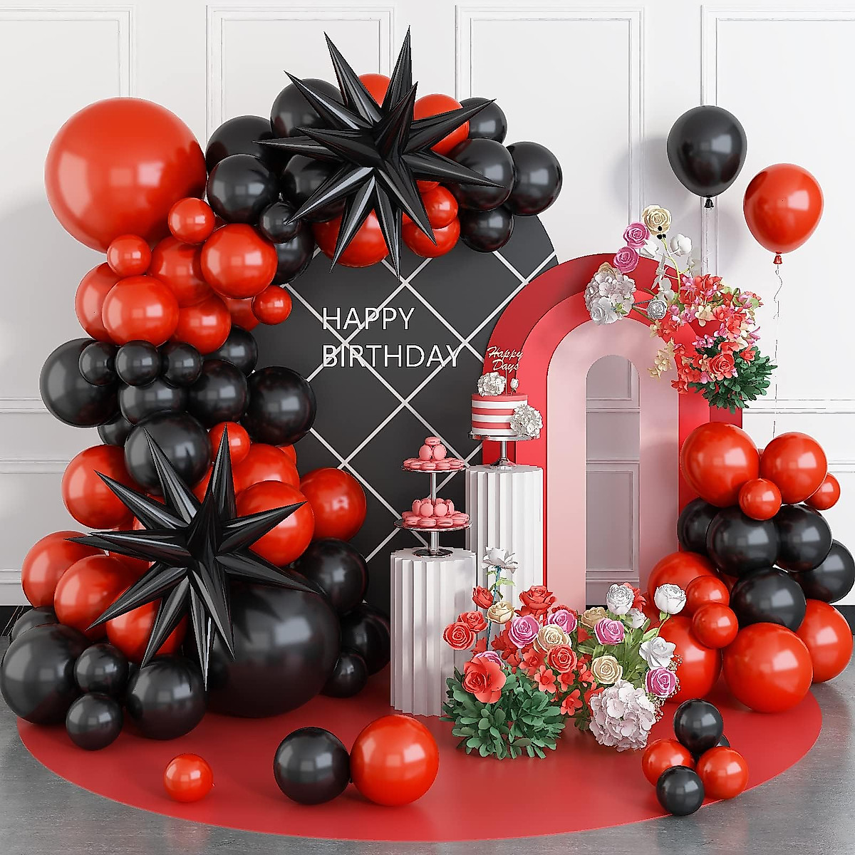 Red and Black Balloon Arch Kit, Latex Birthday Balloons 5 10 18 inch Burgundy and Black Party Balloons with 2 Black Explosion Star for Wedding Bridal Baby Shower Bachelorette Graduation Party