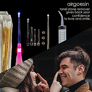 Airgoesin Tonsil Stone Remover, Stainless Steel Tonsil Stone Removal Tool, Long LED Tonsillolith Exorcism Kit, 50 Swabs and Curved Oral Irrigator Syringe to Get Rid of Bad Breath, 4 in 1 kit