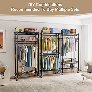 Maiproo Mini Clothing Rack Heavy Duty Clothes Rack with Wheels 3 Tiers Wire Shelving Adjustable with Double Rods and Side Hooks Rolling Clothing Racks for Hanging Clothes Coat Rack Freestanding