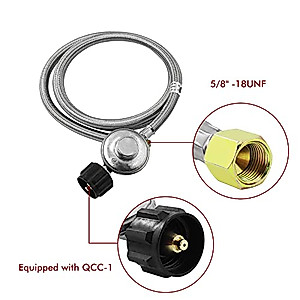 MENSI 6 Feet Propane Gas Fire Pit, Barbecue Grill, Camping Stove, Heater QCC Low Pressure Max 1/2PSI Regulator with Stainless Braided Hose with 5/8" -18UNF Female Flare End