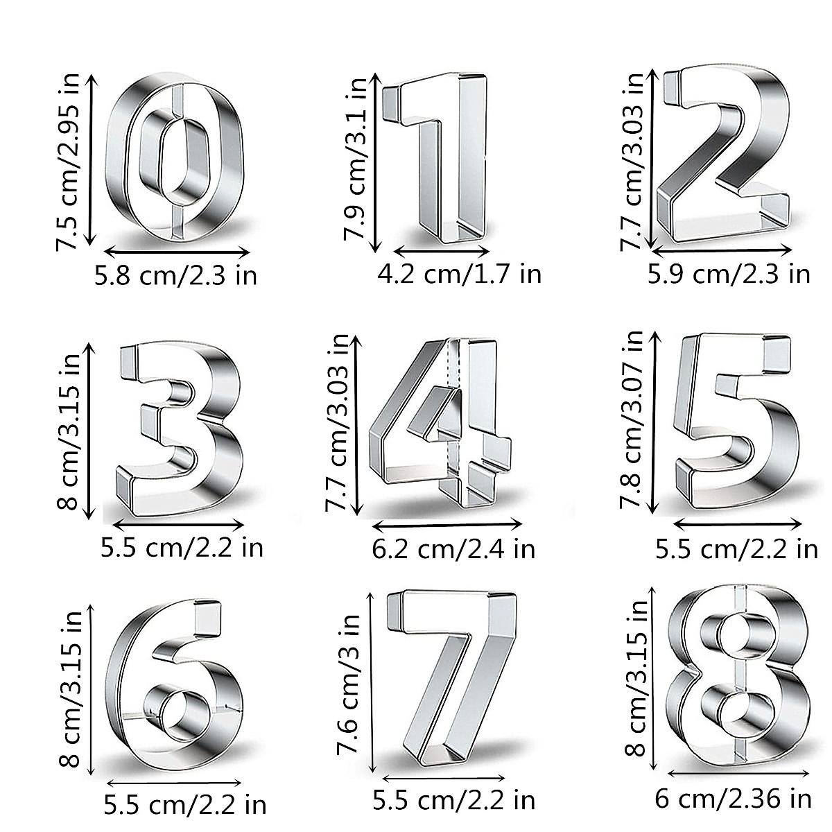 Number Shaped Cookie Cutters Set of 9 pcs, Stainless Steel 0 to 8 Fondant Cutter Molds Baking DIY (6 Switch to 9) (Round Angle)