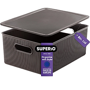Superio Ribbed Collection - Decorative Plastic Lidded Home Storage Bins Organizer Baskets, Large Brown (1 Pack - 15 Liter) Stackable Container Box, for Organizing Closet Shelves Drawer Shelf