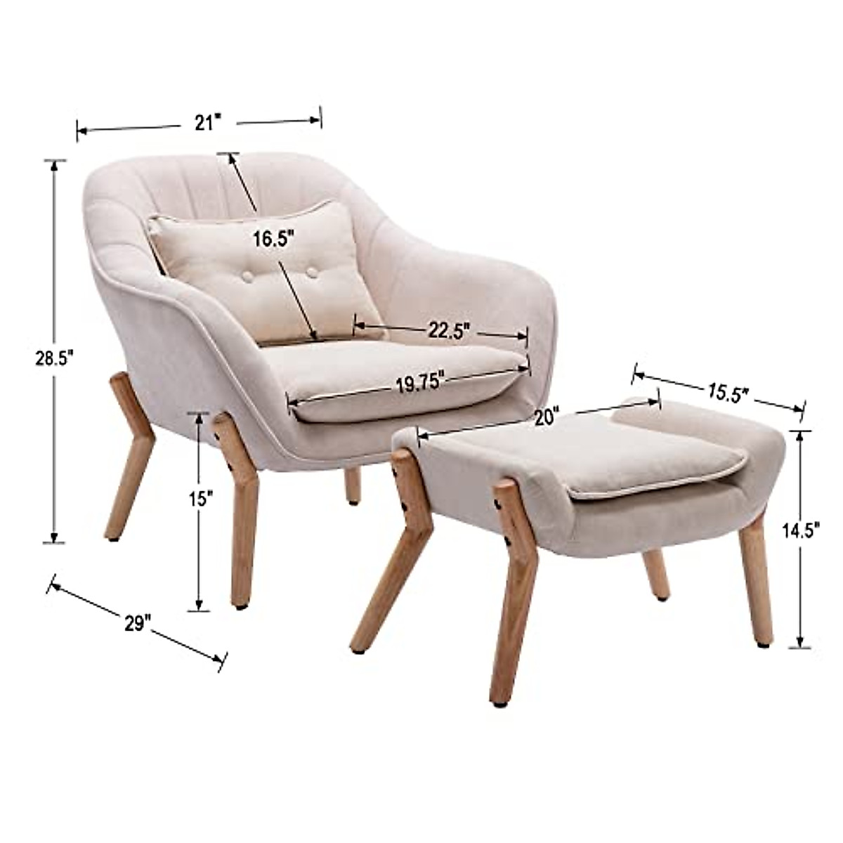 Lei Yu Shunzhi Wood Armchair with Ottoman Mid Century Modern Upholstered Barrel Chair Tufted Living Room Comfy Reading Lumbar Pillow Cushion Leisure Sofa Corner for Small Place, Beige