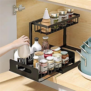 Under Sink Cabinet Organizer 2 Tier Pull Out Cabinet Organizer Cabinet Storage Shelf Multi-purpose Storage Shelf for Bathroom Kitchen (Black)