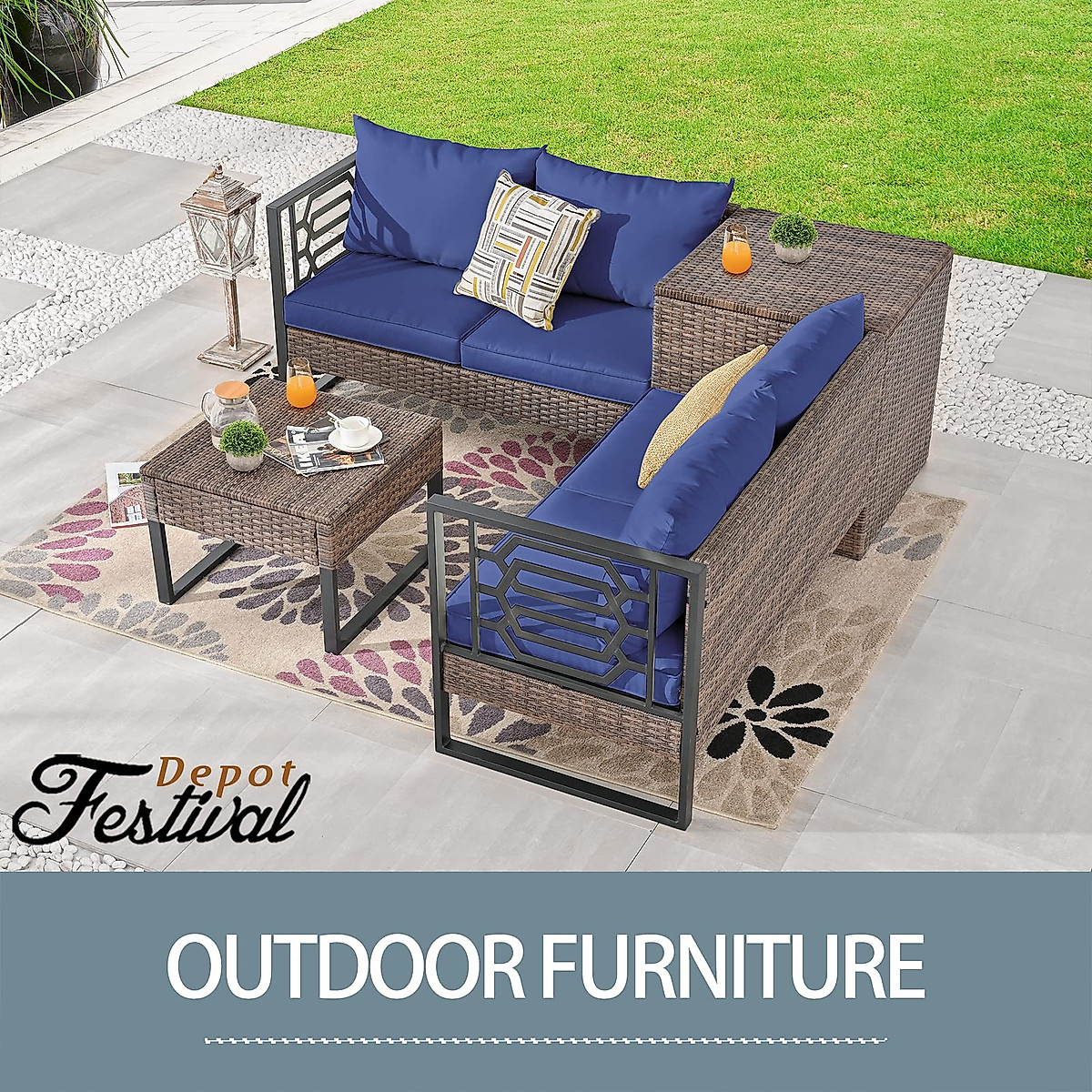 Festival Depot Patio Conversation Set, PE Wicker Four-Seater Corner Conjoined Storage Box Sofa Set, All-Weather Outdoor Furniture with Cushions Rattan Coffee Table for Backyard Garden Indoor (Blue)