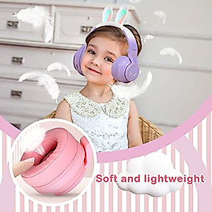 JINSERTA Kids Headphones with Bunny Ear LED Light Up,Noise Cancelling Adjustable Microphone Headset,Wireless Foldable Over-Ear Headphones for Kids Gifts/School/Kids Tablet/Travel (Pink)