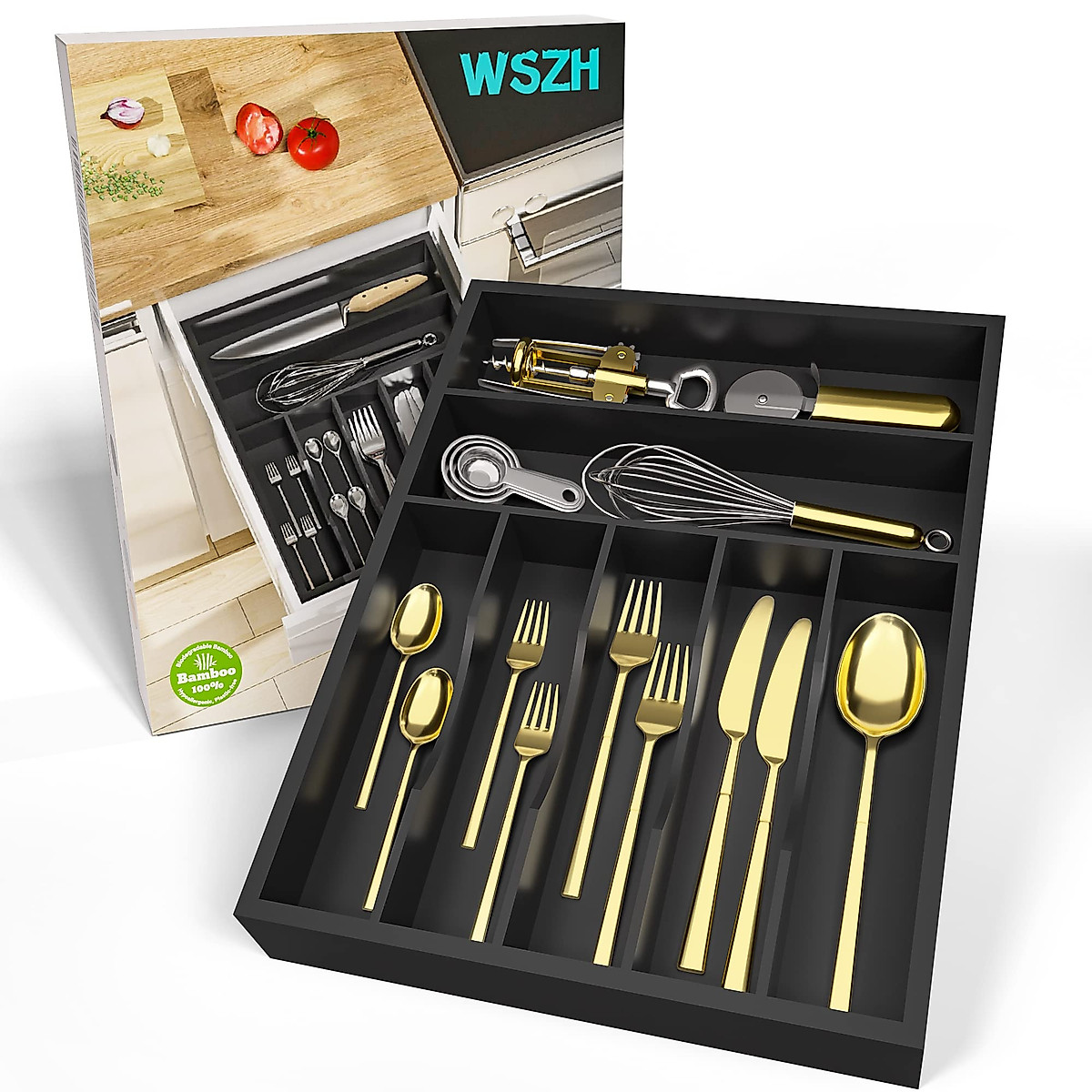 WUSHIZHUHUN Utensil Organizer Silverware Drawer Organizer - 7 Slots Bamboo Silverware Tray For Kitchen Cutlery Office Supplies Makeup Desk Storage Garage Tool Organization W13”x L17” (Black)