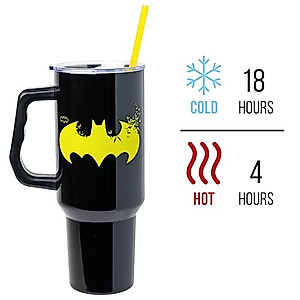 Silver Buffalo DC Comics Batman Logo Stainless Steel Tumbler with Handle and Straw, Fits in Standard Cup Holder, 40 Ounces