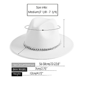 Gossifan Classic Wide Brim Fedora Hat with Chain Belt Buckle - AAA-White