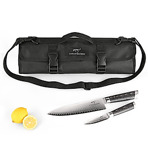 NANFANG BROTHERS Knife Set with Bag, 8 Pieces Damascus Steel Chef Knives with Portable Knife Roll Storage Bag, Blade Guards, Carving Fork, Sharpener and Kitchen Shears for Outdoor Camping BBQ Travel