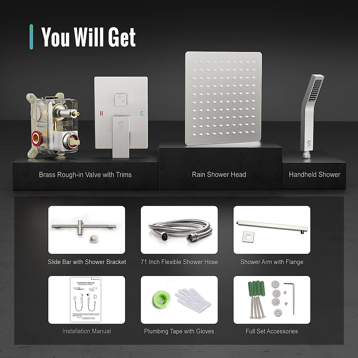 SR SUN RISE 12 Inch Square Shower System, Rain Shower Head and Slide Bar Handheld Shower Faucet Wall Mounted Combo Set Included Valve and Trim Kit for Bathroom, Brushed Nickel