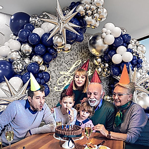 130pcs Navy Blue and Silver Balloon Garland Arch Kit with 3pcs Silver Star Balloons, Royal Blue Metallic Silver White Balloons for Birthday Baby Shower Wedding Graduation Party Decorations