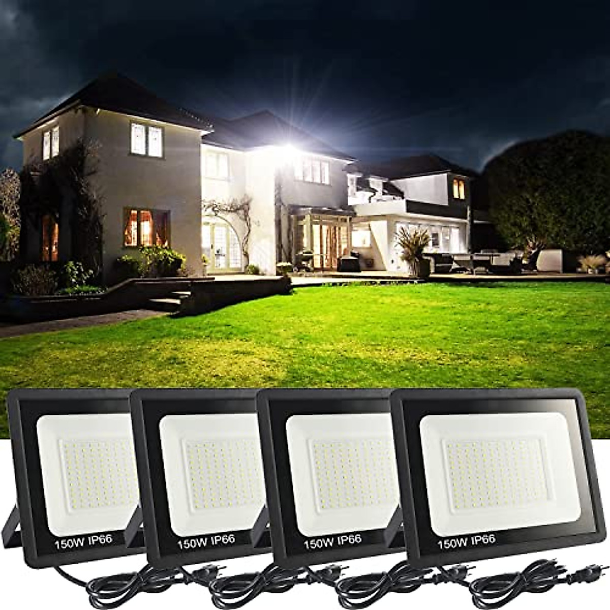 STARFISHHOME 4 Pack 150W LED Flood Light Outdoor,15500LM LED Work Light with US Plug,5000K Daylight White,IP67 Waterproof Outdoor Floodlights for Yard,Garden,Playground