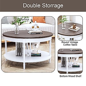 CHEEMHOM Round Coffee Table -33" Solid Wood Farmhouse Table for Living Room, 2-Tier Rustic Circle Desktop with Storage Shelf Modern Design Home Furniture Brown & White