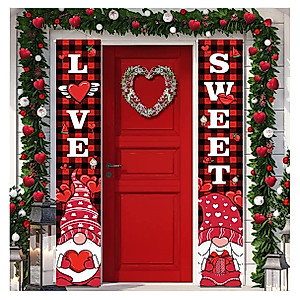 Gnome Valentine's Day Porch Sign Heart Banner Sweet Love XOXO Cutouts Door Sign Porch Sign Outdoor Indoor Be Mine Valentines Day Party Hanging Decor (RED)